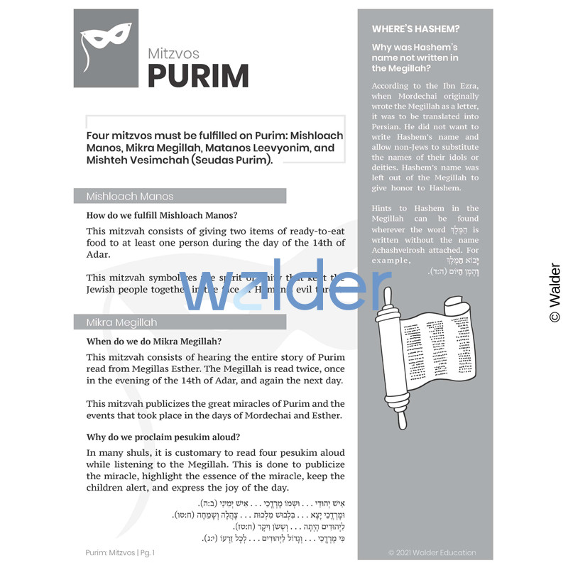 Purim Study Guide: Mitzvos - Walder Education